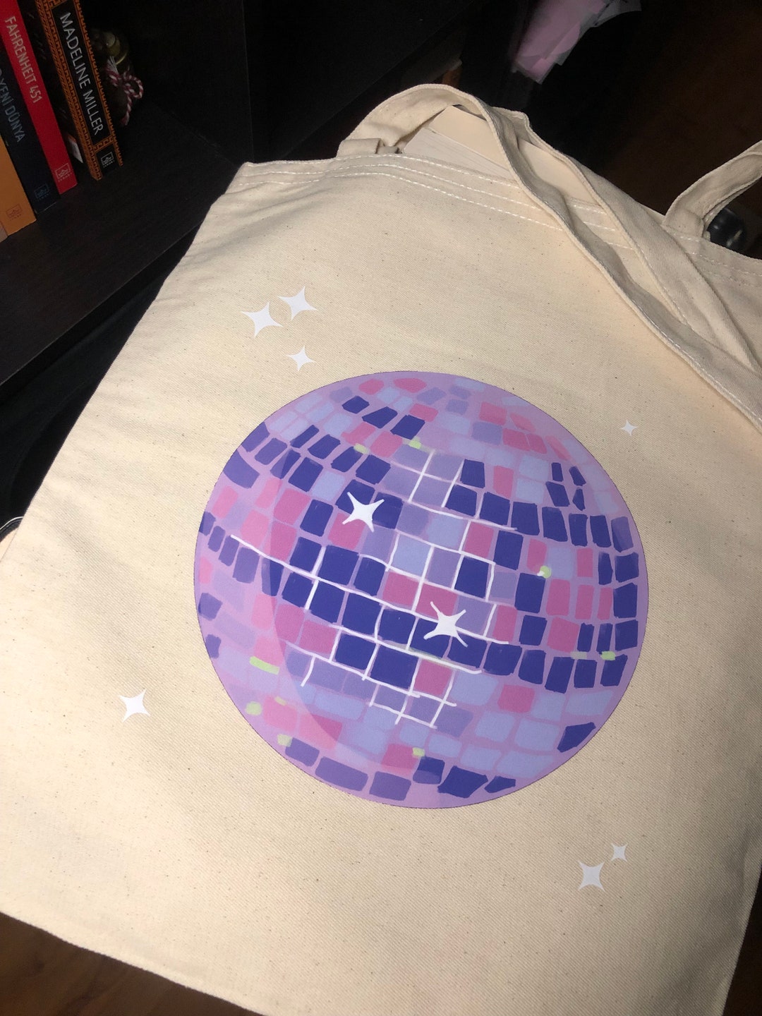 Disco Ball Tote Bag, Retro Tote Bag, Purple Mirror Ball Tote Bag, Bookish Merch, Reading Bag ...
