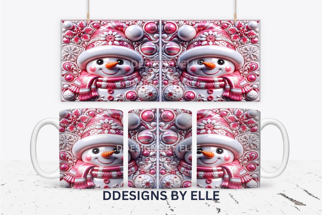 3d Inflated Snowman Mug Wrap Pink Snowman Christmas Mug 15oz Sublimation Mug Designs Png 11oz