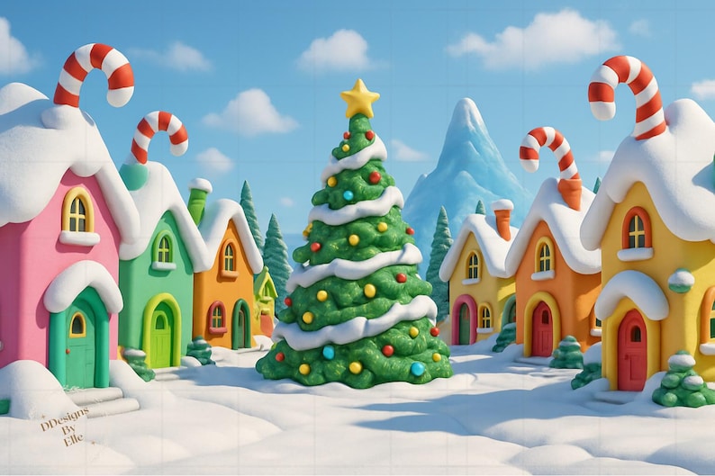 Fondo de pueblo navideño mágico y caprichoso, casas de bastones de caramelo, árbol de pueblo ...