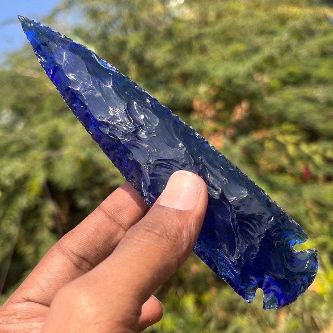 Blue Quartz Glass Arrowhead Knife: Handcrafted Crystal Decor, Primitive ...