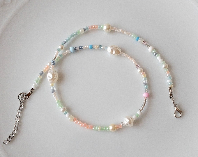 Mixed Color Beaded Necklace, Pearl Beaded and Seed Bead Choker, White ...