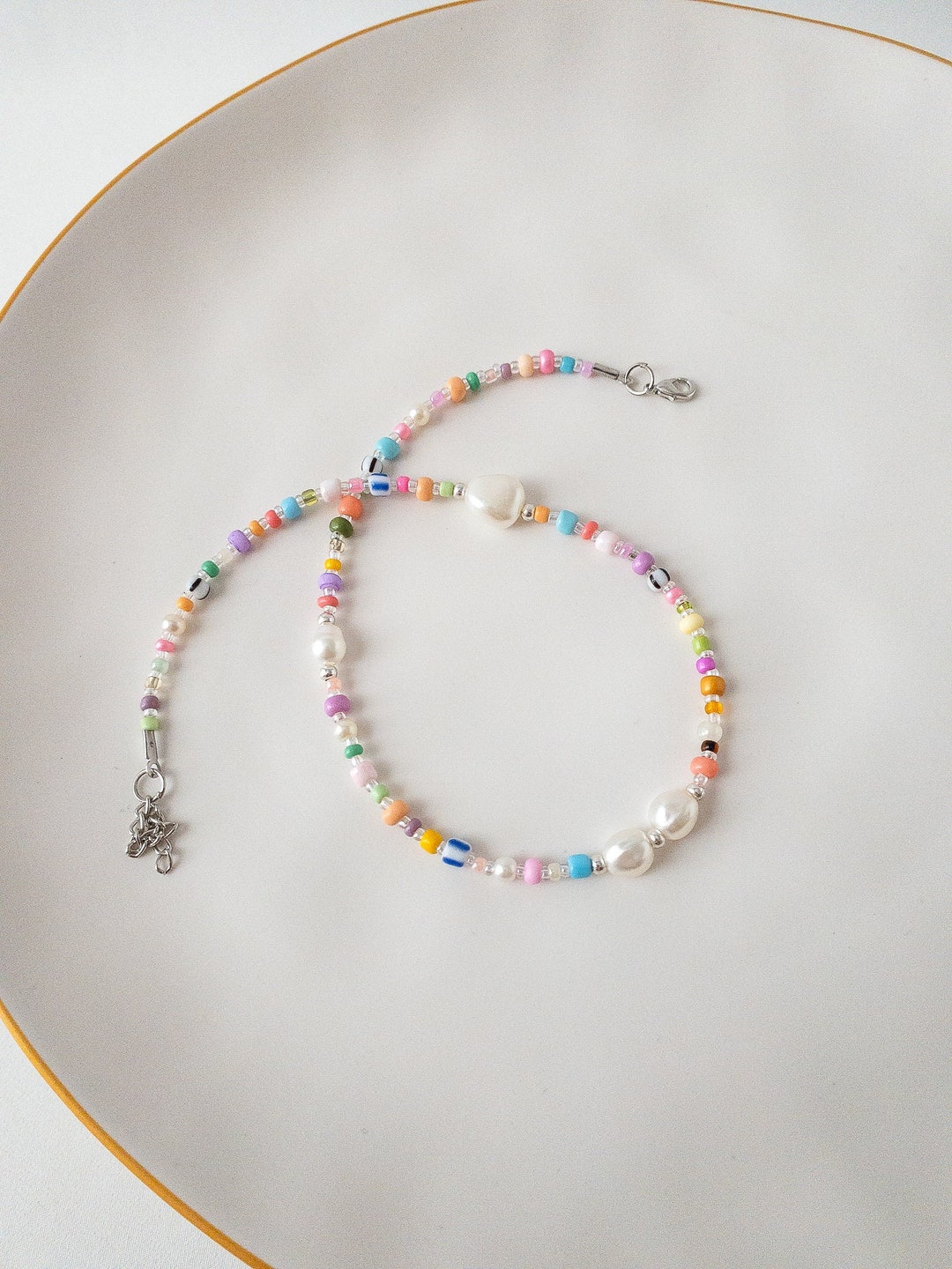 Mixed Beaded and Pearl Beaded Adjustable Necklace, Colorful Beaded ...