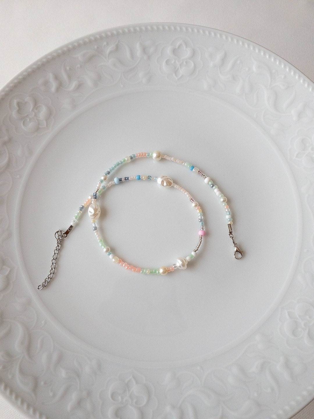 Mixed Color Beaded Necklace, Pearl Beaded and Seed Bead Choker, White ...