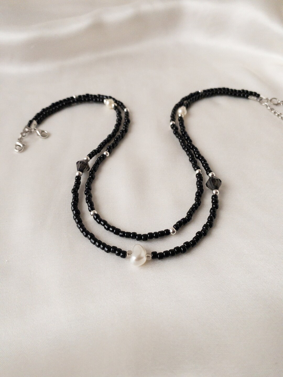 Black and Pearl Beads Two Adjustable Necklace, Dainty 2 Pcs Layering ...