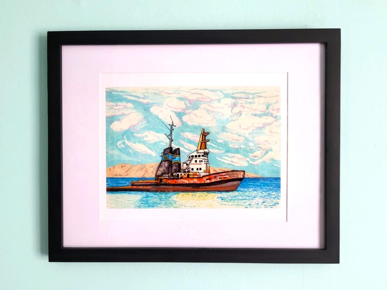 Colourful A4 Print of Shipwrecked Boat Mindelo Harbour, Vibrant Wall ...