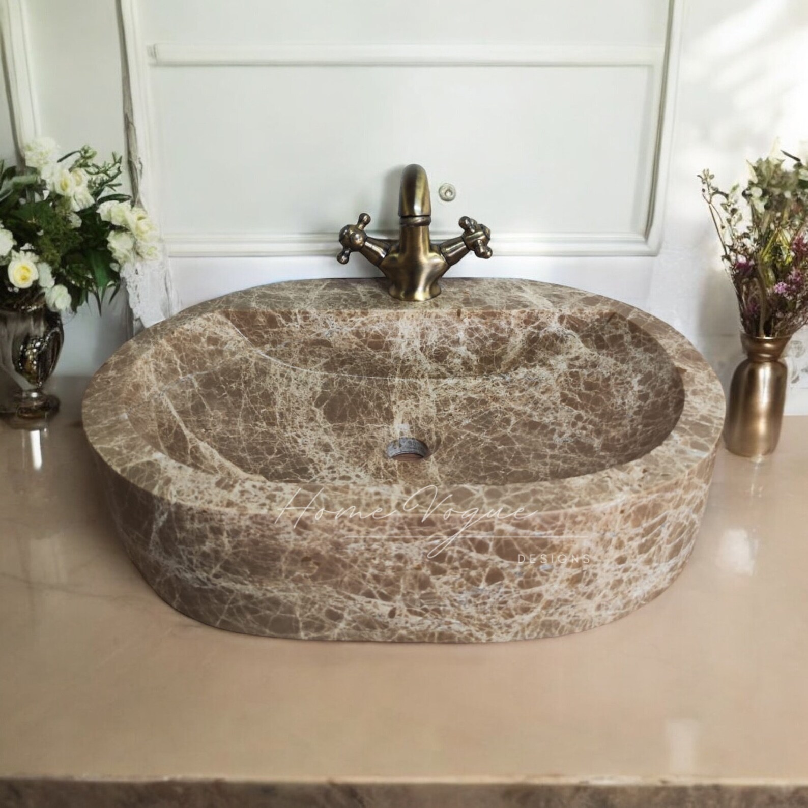 Dark Marble Sink, Emperador Dark Marble Washbasin, Bespoke Sink, Round ...
