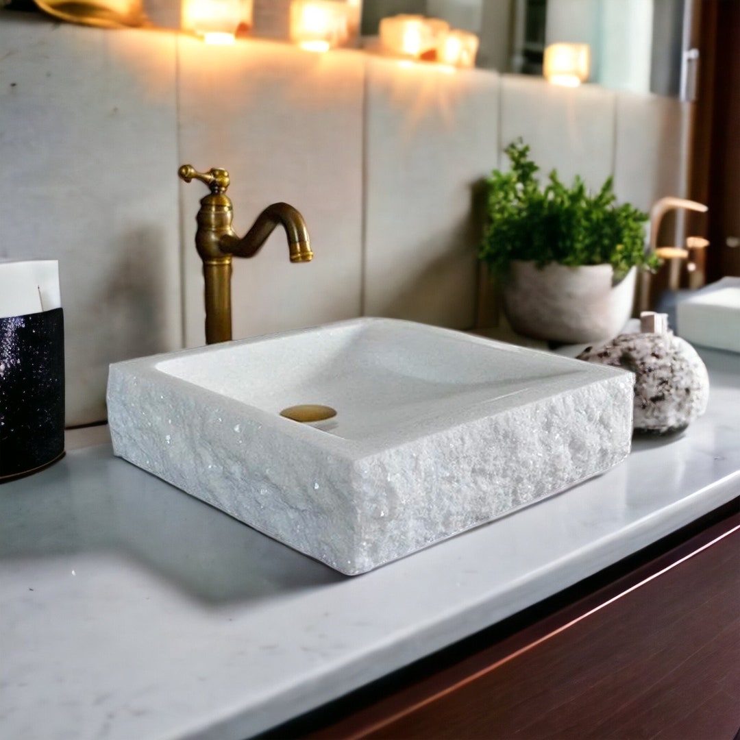 Natural White Stone Farmhouse Rectangular Sink, Cornered Chiseled ...