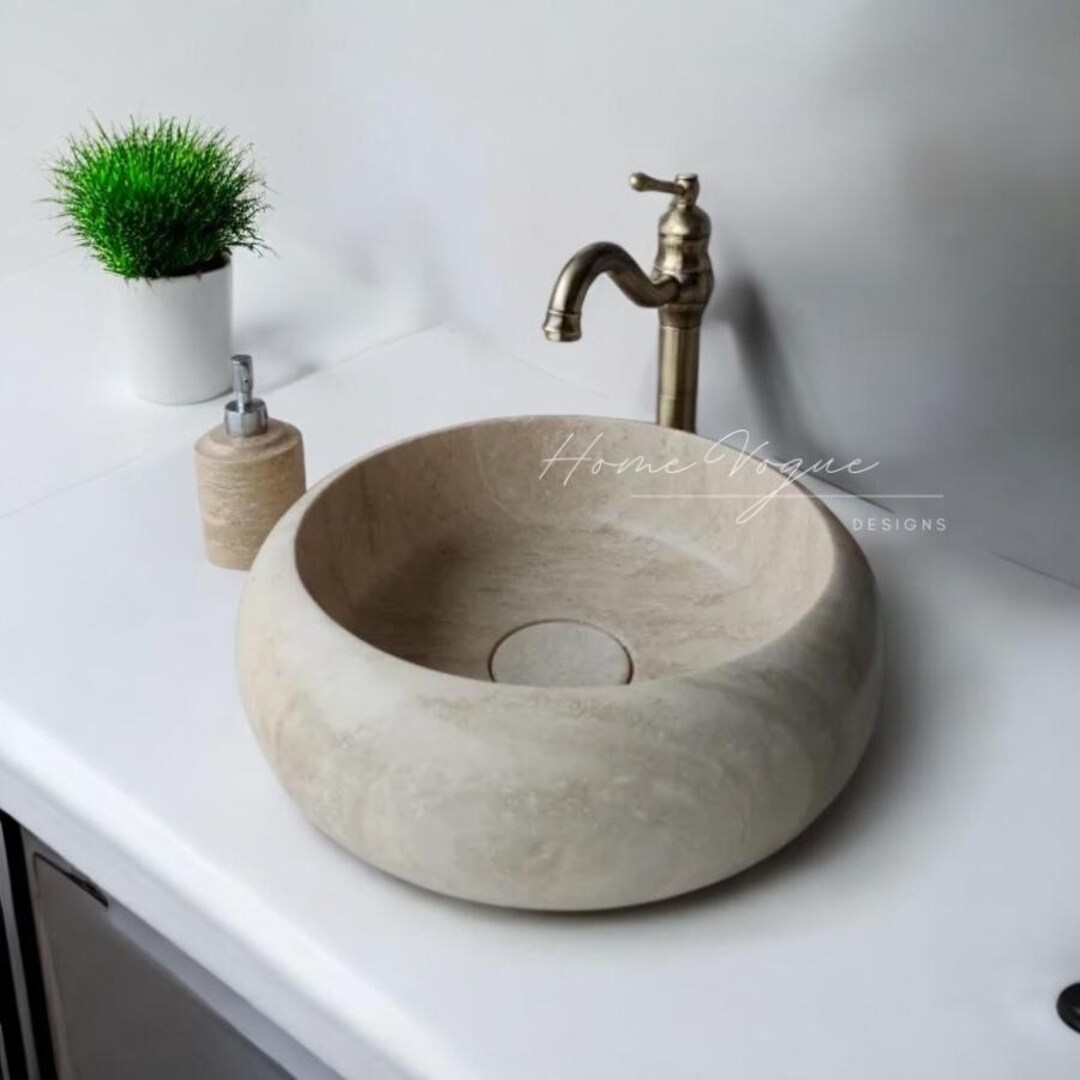 Handmade Travertine Vessel Sink, Round Stone Lavatory, Hidden Drain - Etsy