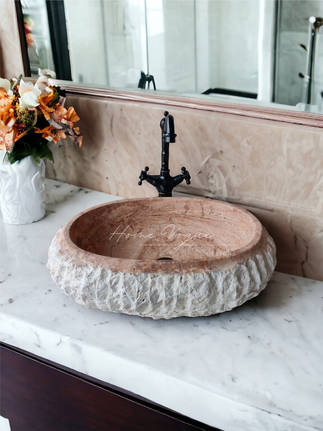 Chiseled Red Travertine Vessel Sink, Powder Room. Red Marble Custom ...