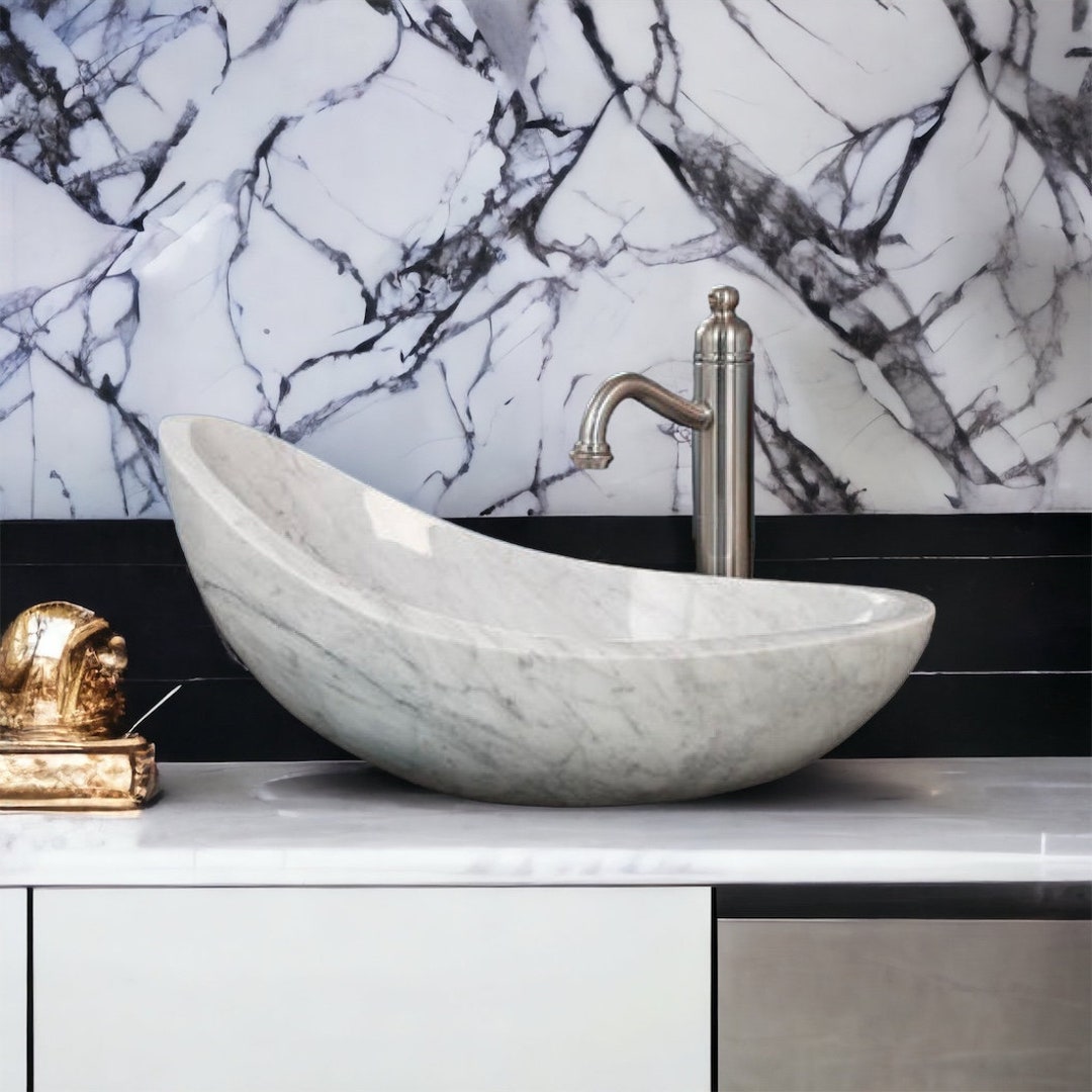 Natural Stone Canoe Sink, Freeform Vessel Sink, Deep Zen Sink, White ...
