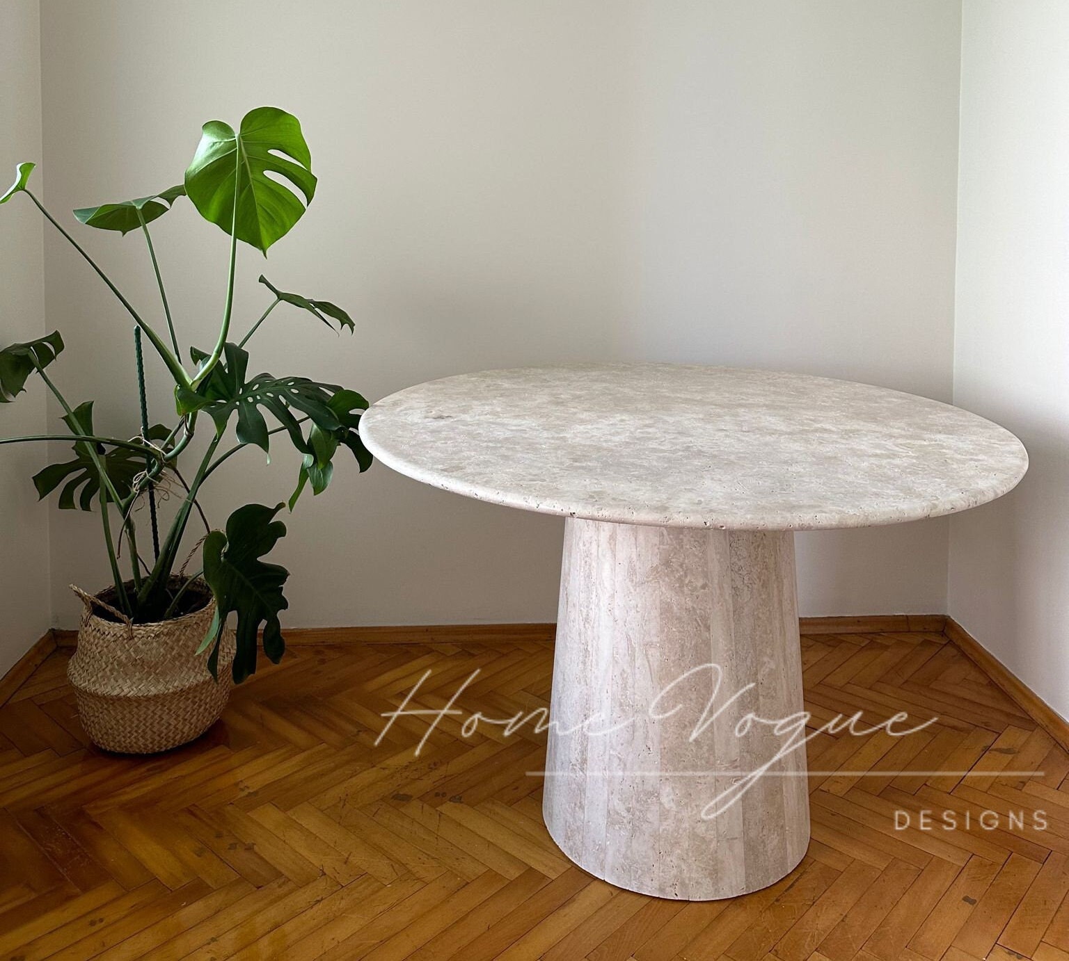 Round Marble Dining Table, Beige Marble Table, Modern Marble Pedestal ...