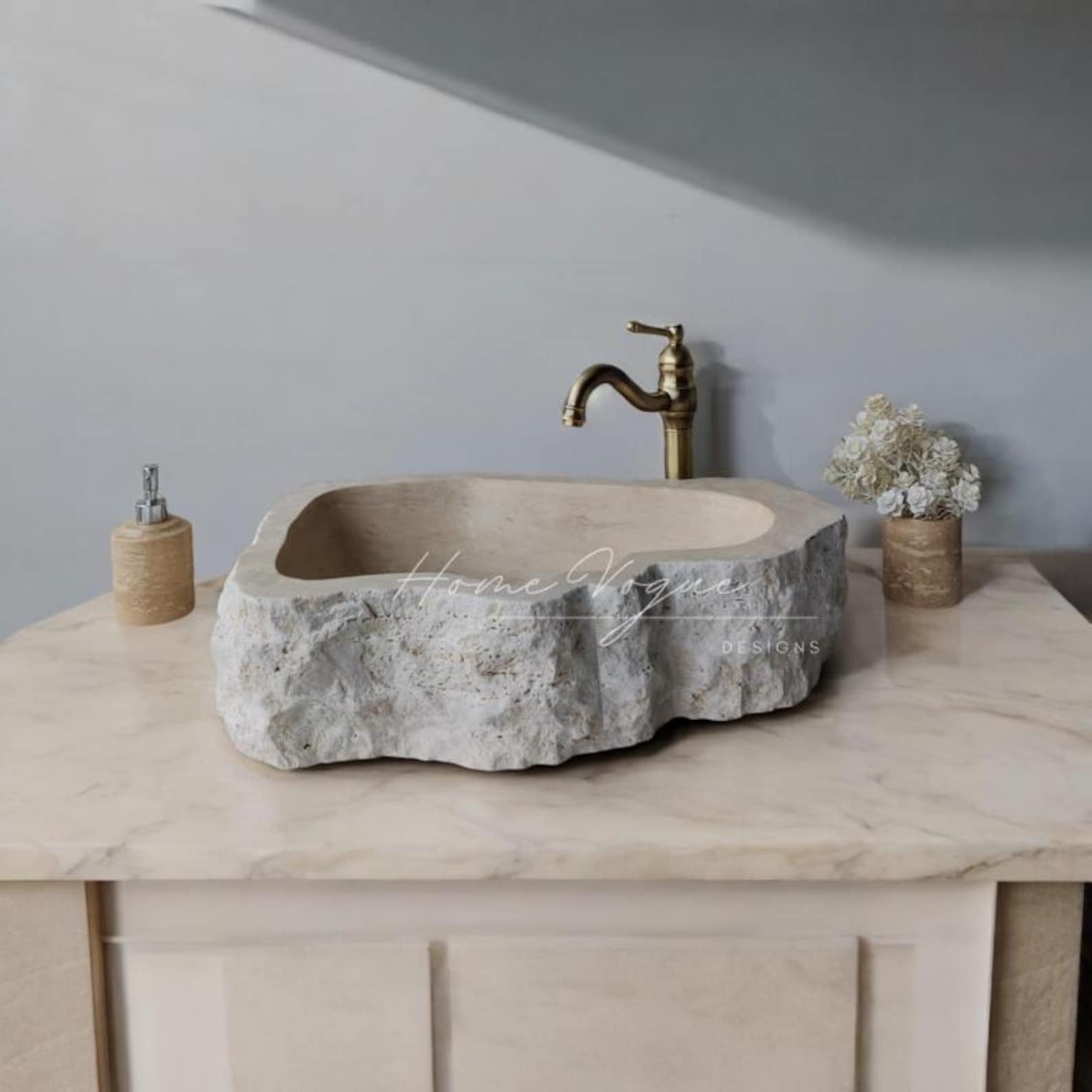 Beige Stone Washbasin, Travertine Vessel Sink, Organic Design Sink ...