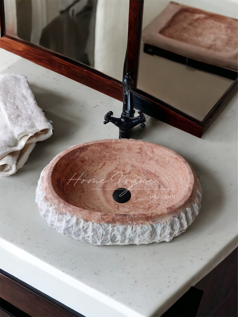 Chiseled Red Travertine Vessel Sink, Powder Room. Red Marble Custom ...