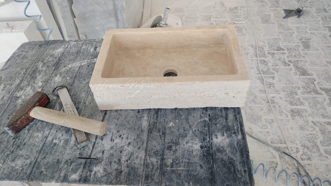 Natural Stone Roughish Exterior Vanity, Cream Marble Rectangle Sink, Tiny Powder Room Sink ...