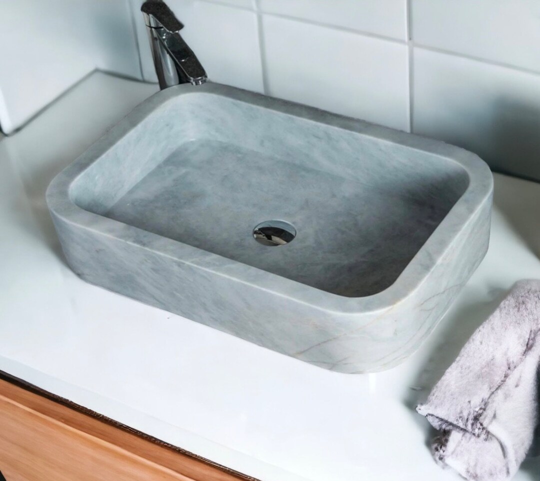 Tiny Bathroom Grey Natural Marble Sink, Tiny Powder Room Rectangle Sink ...