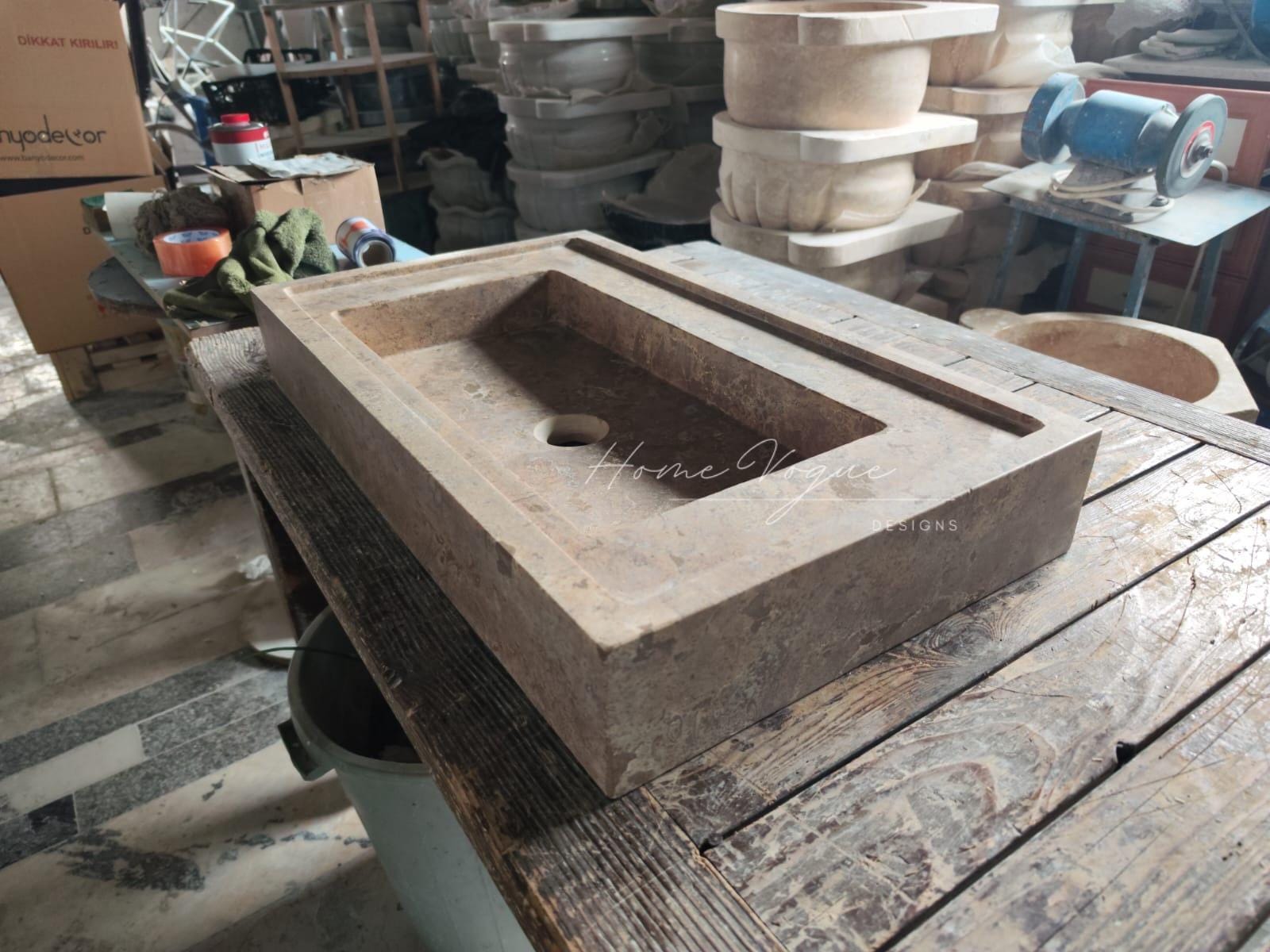 Noche Travertine Stone Sink: Custom Rectangle Wash Basin (15.7x27.5x4 ...