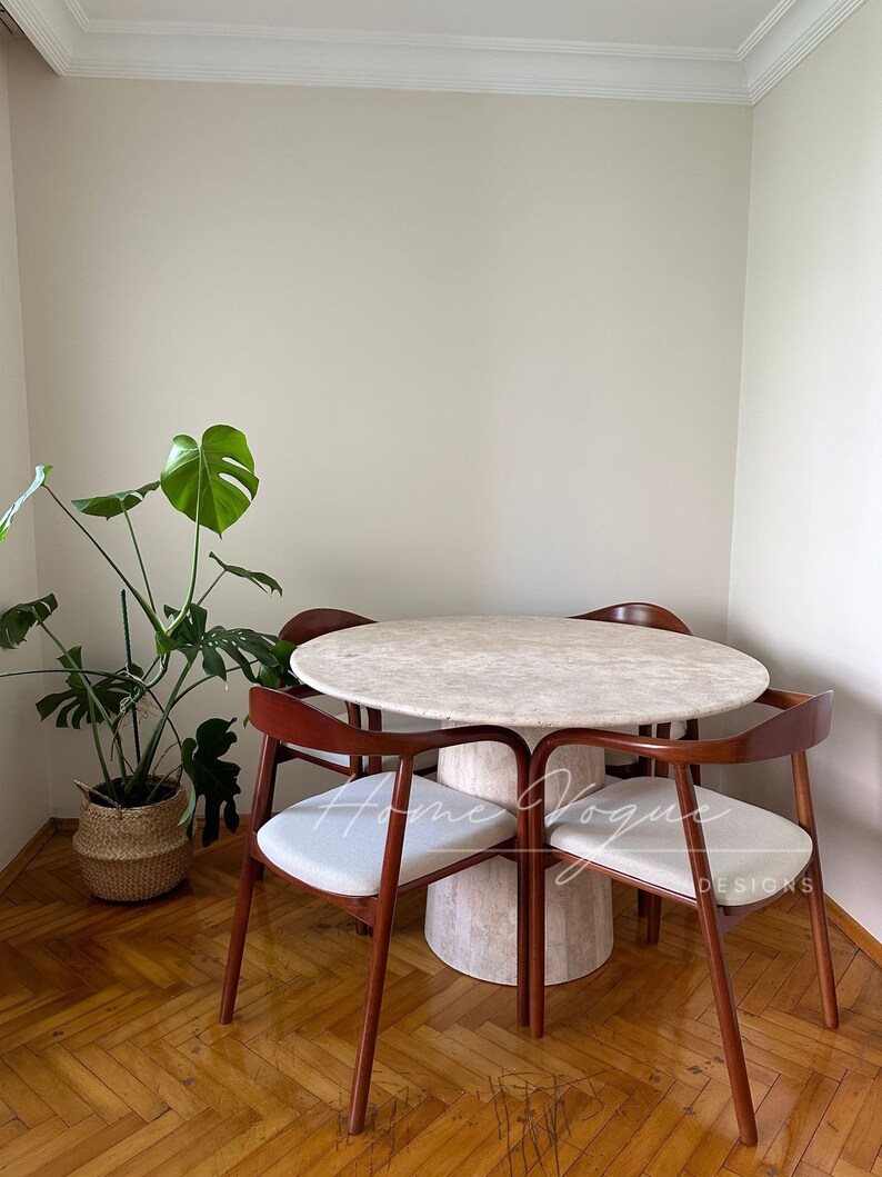 Round Marble Dining Table, Beige Marble Table, Modern Marble Pedestal ...