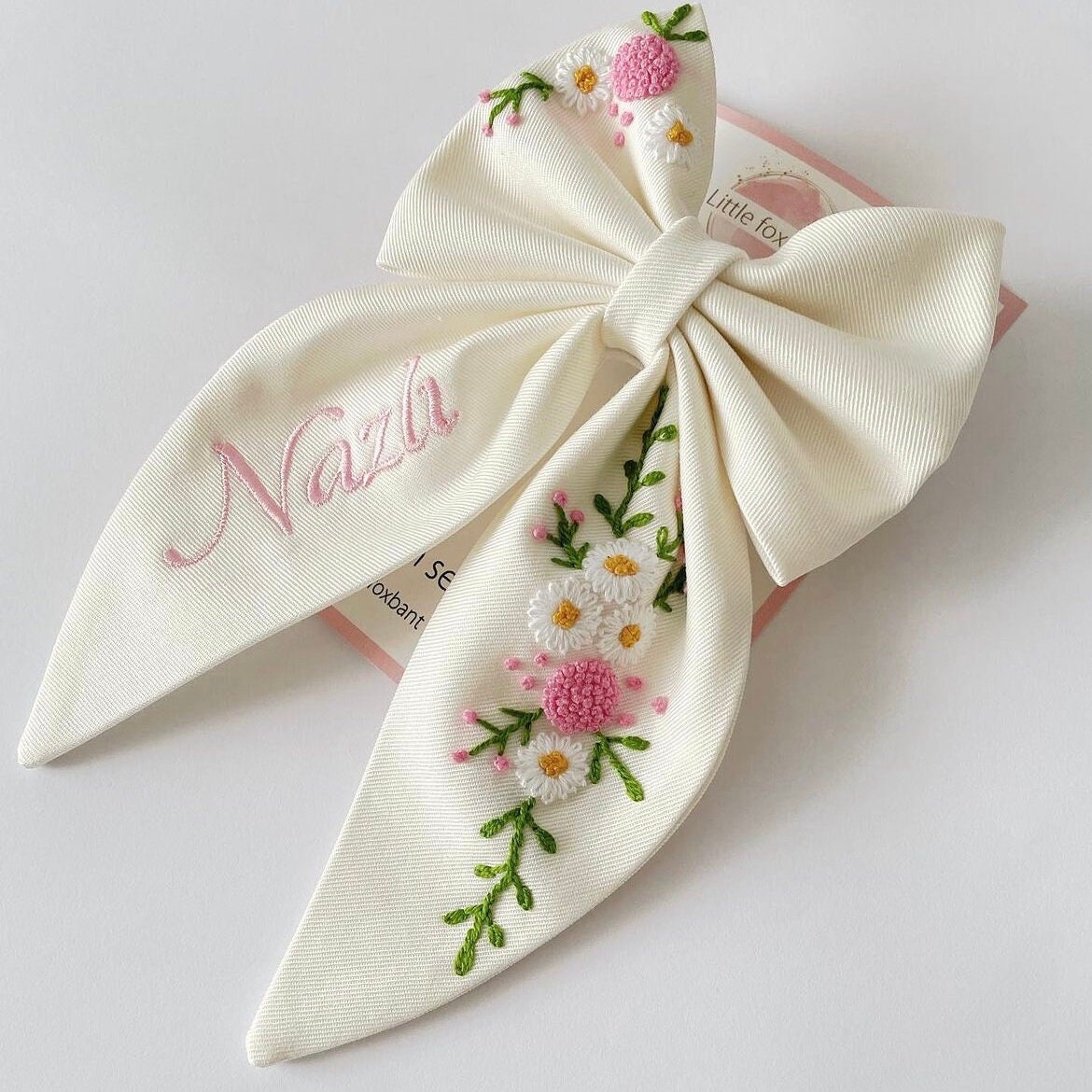 Embroidered Hair Bow, Linen Hair Bow, Hair Accessories, Hand ...