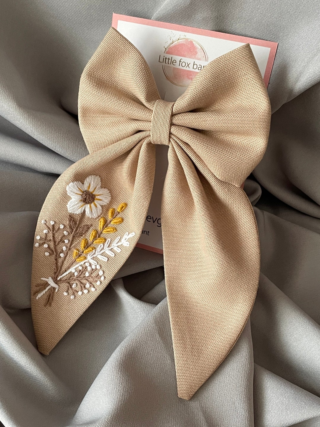 Embroidered Hair Bow, Linen Hair Bow, Hair Accessories, Hand ...