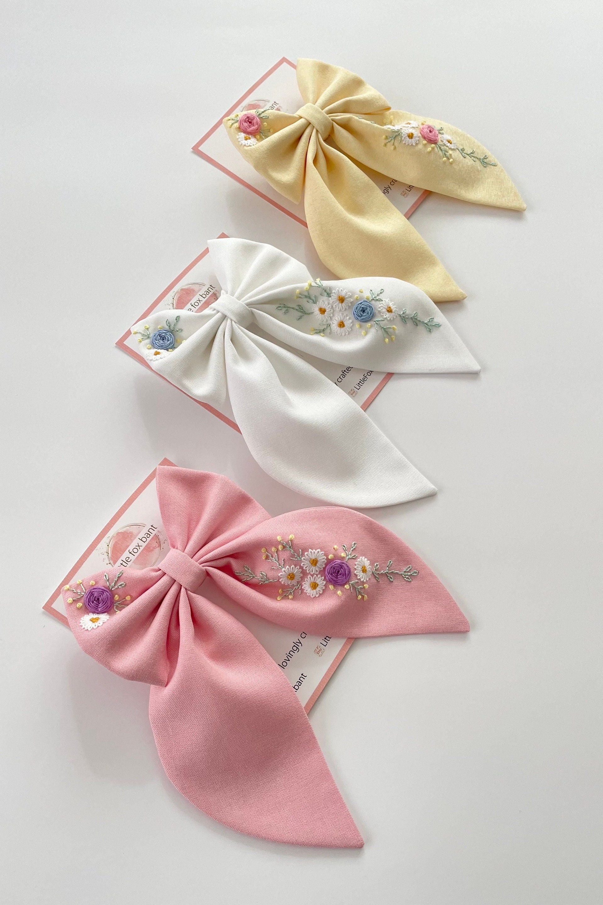 Embroidered Hair Bow, Linen Hair Bow, Hair Accessories, Hand ...