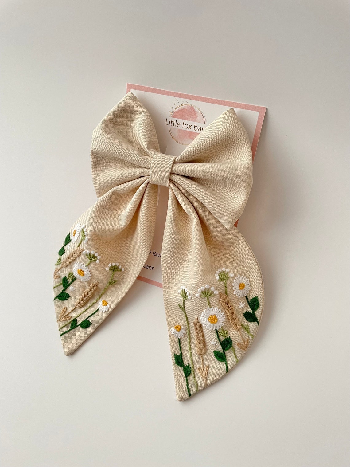 Embroidered Hair Bow, Linen Hair Bow, Hair Accessories, Hand ...