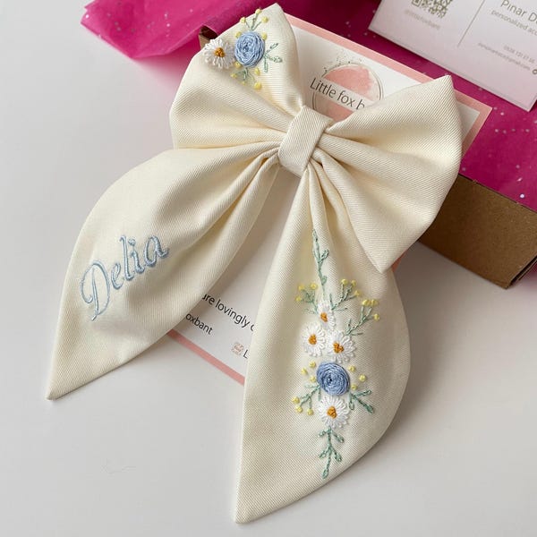 Embroidered Hair Bow - Etsy