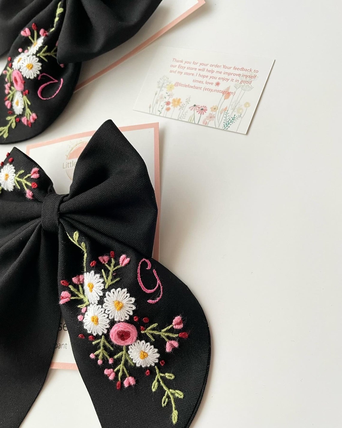 Embroidered Hair Bow, Linen Hair Bow, Hair Accessories, Hand ...