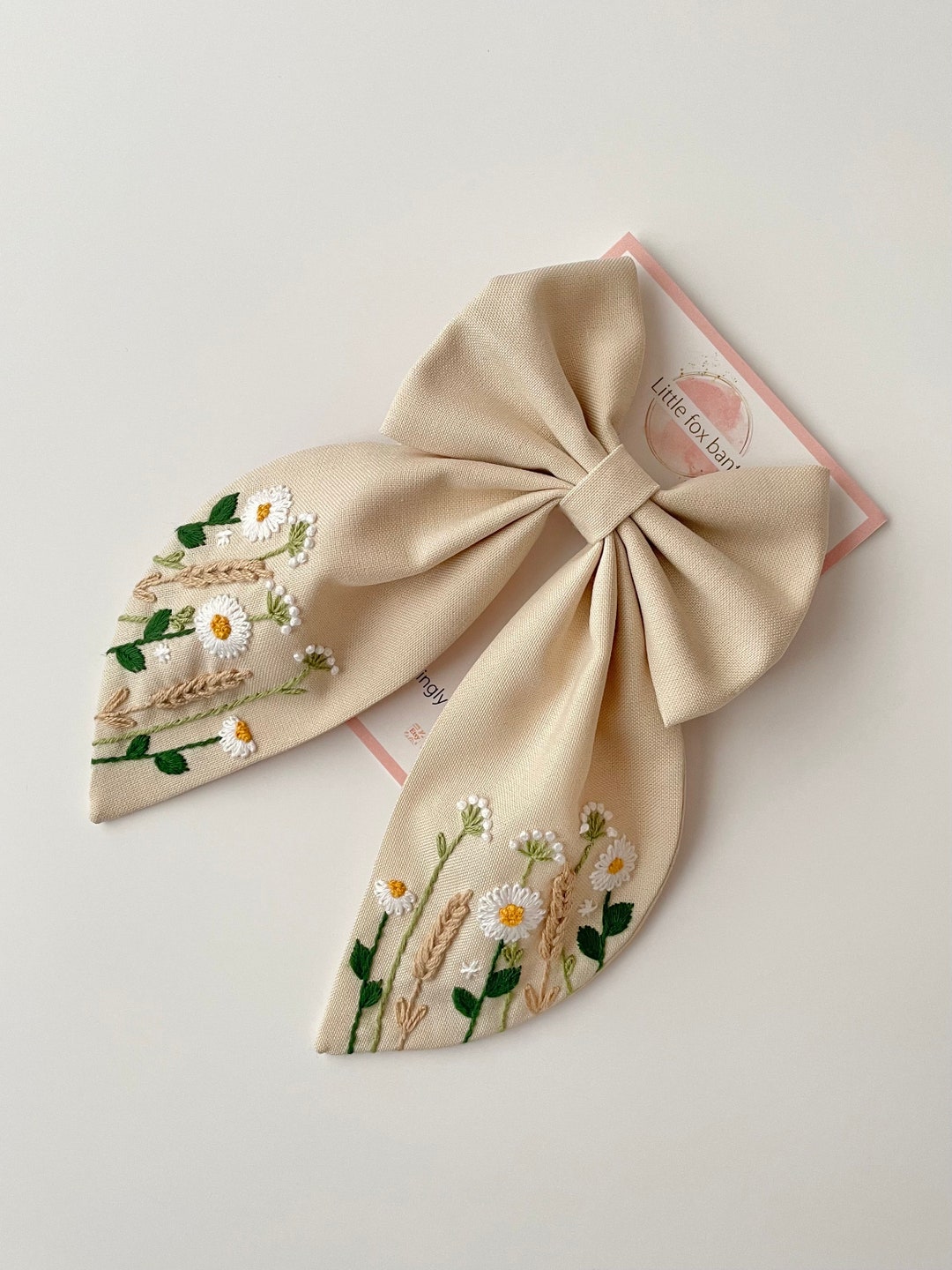 Embroidered Hair Bow, Linen Hair Bow, Hair Accessories, Hand ...