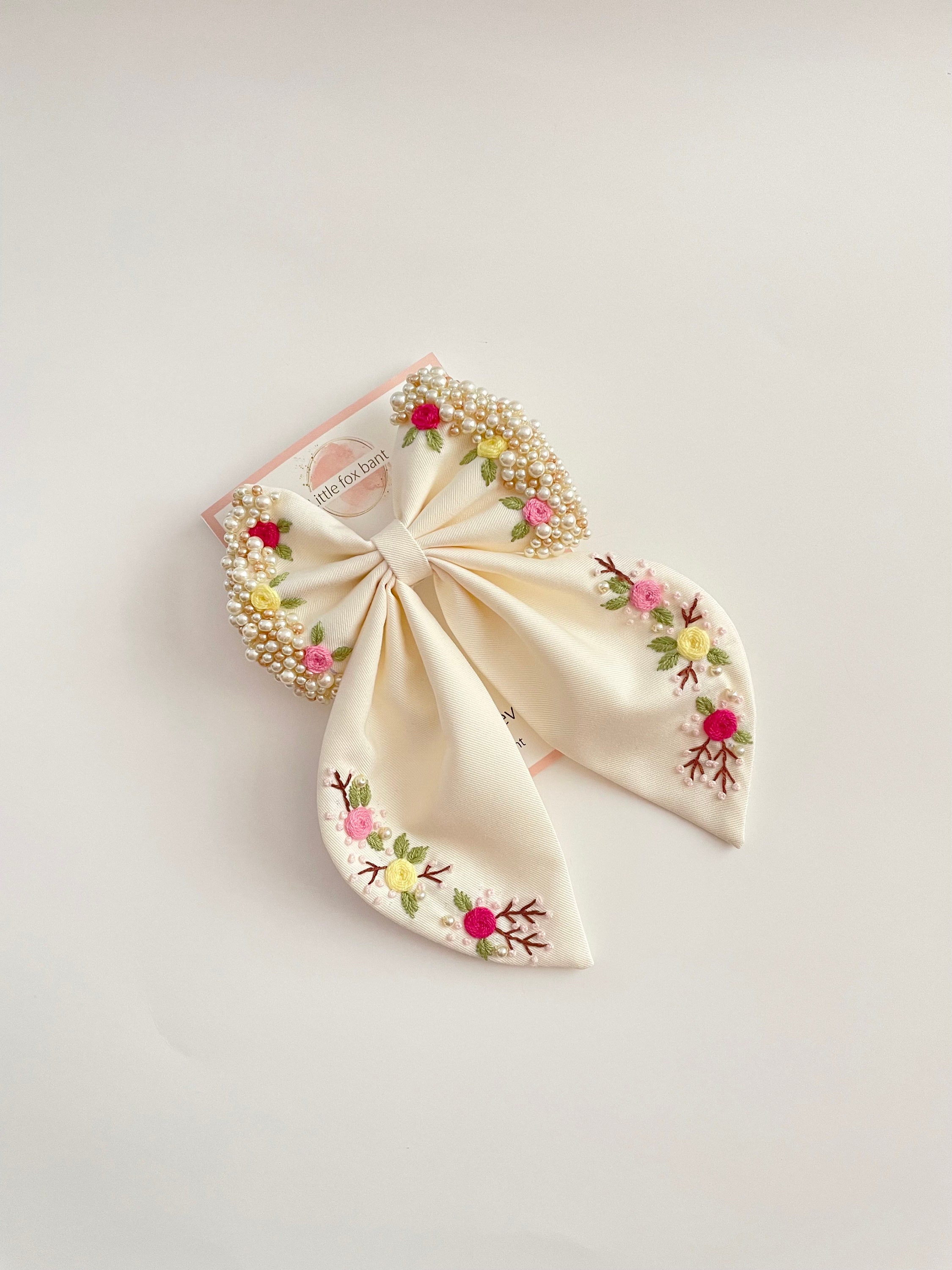 Embroidered Hair Bow, Linen Hair Bow, Hair Accessories, Hand ...