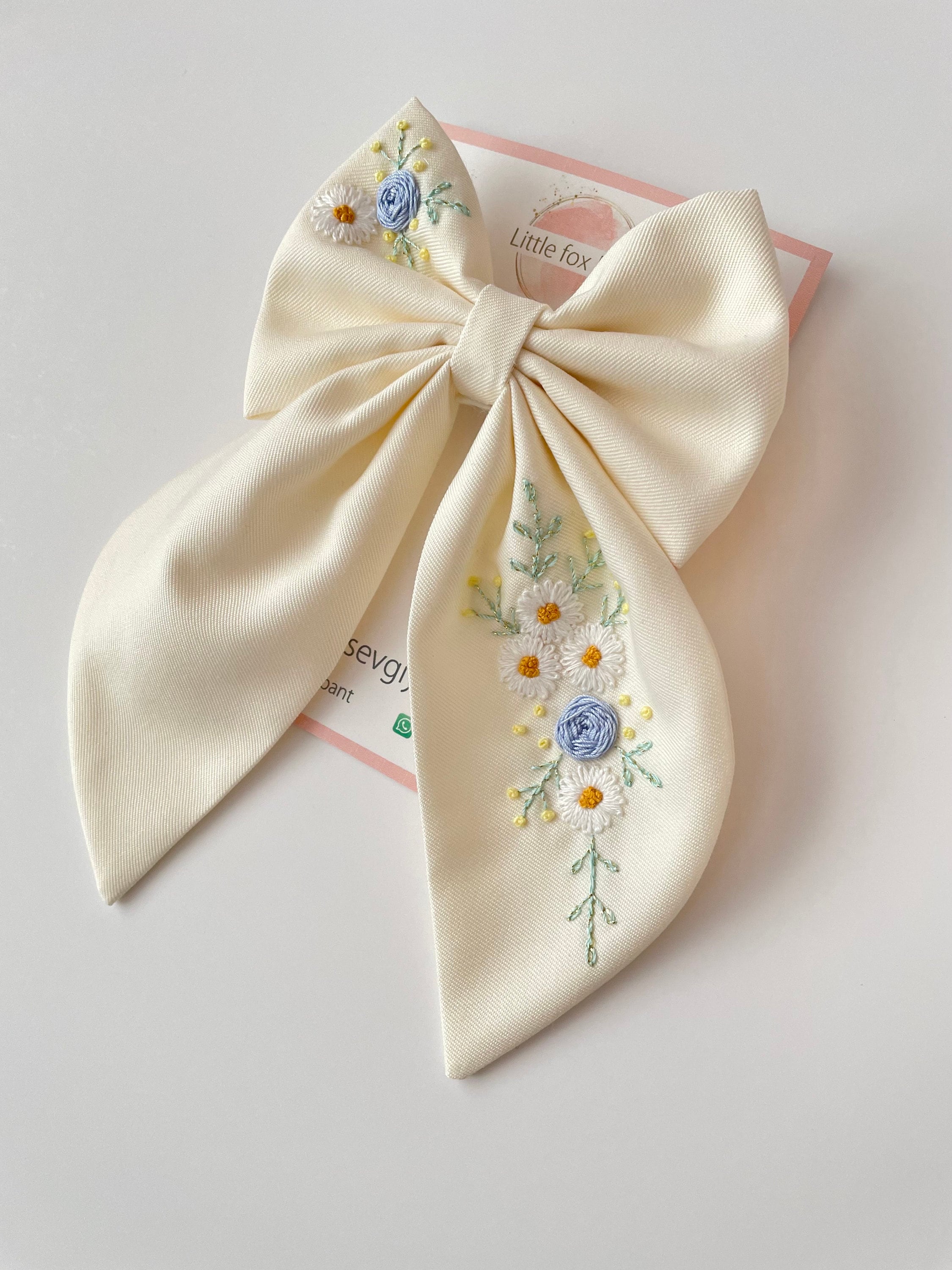Embroidered Hair Bow, Linen Hair Bow, Hair Accessories, Hand ...