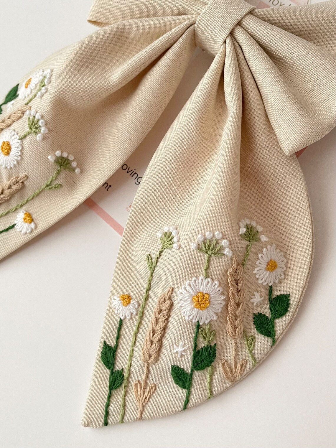 Embroidered Hair Bow, Linen Hair Bow, Hair Accessories, Hand ...