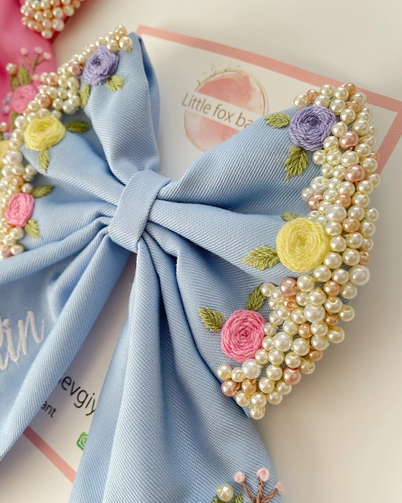 Embroidered Hair Bow Linen Hair Bow Hair Accessories Hand - Etsy