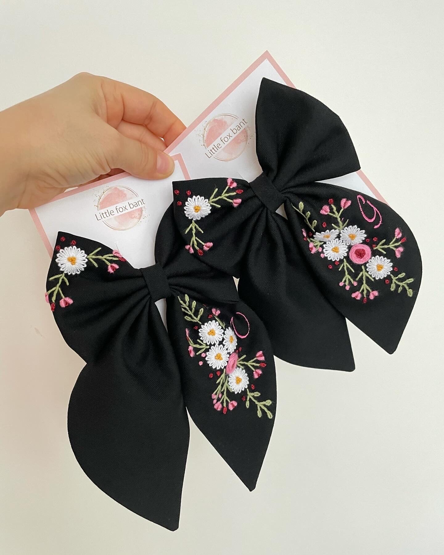 Embroidered Hair Bow, Linen Hair Bow, Hair Accessories, Hand ...