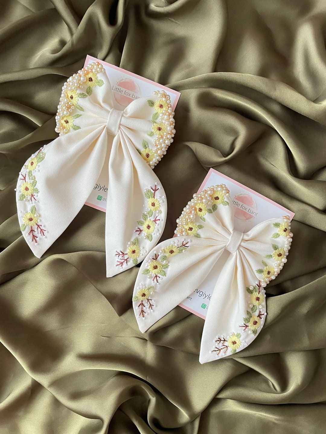Embroidered Hair Bow, Linen Hair Bow, Hair Accessories, Hand ...