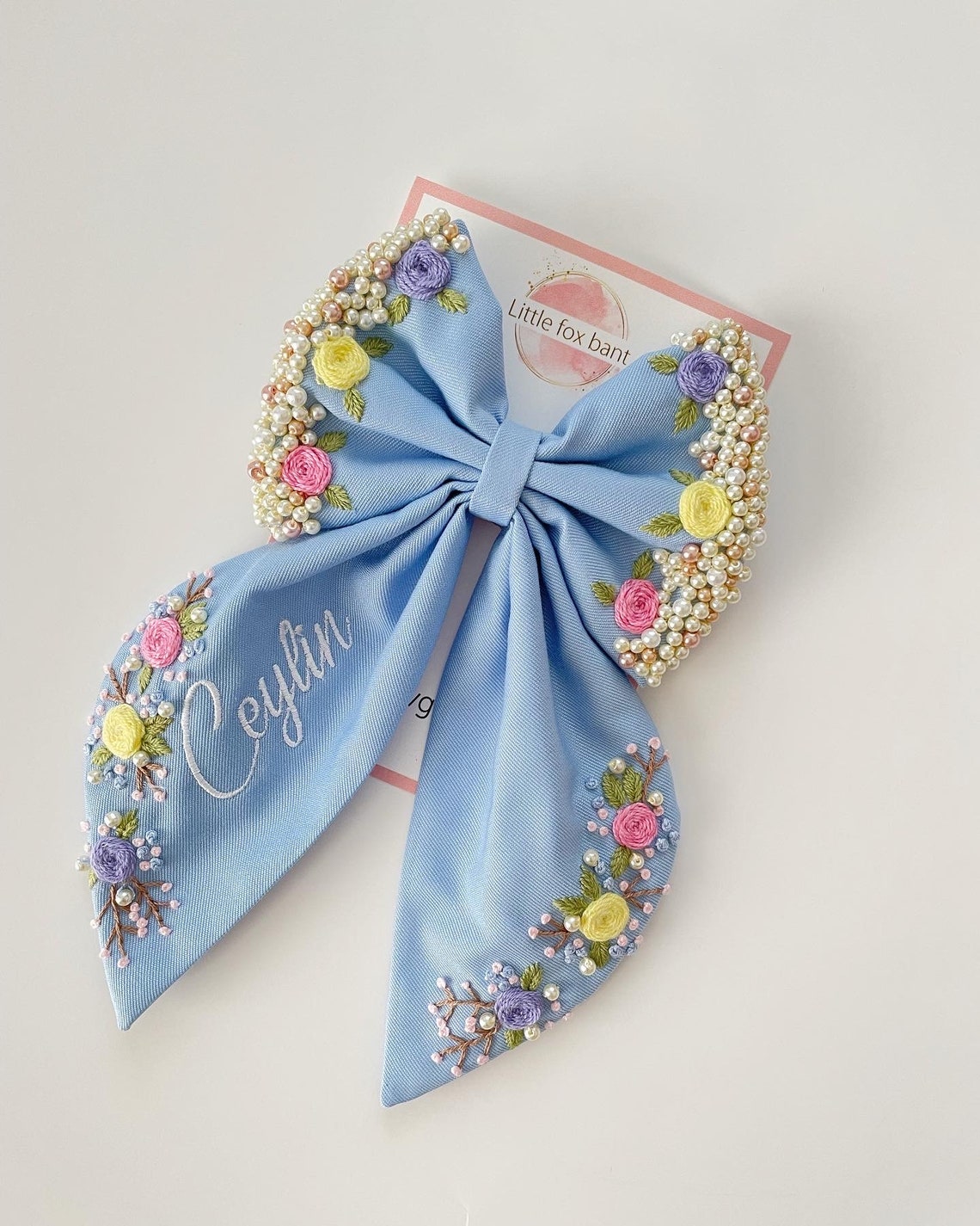 Embroidered Hair Bow Linen Hair Bow Hair Accessories Hand - Etsy