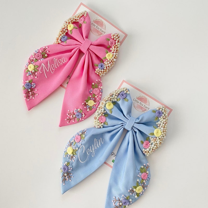 Embroidered Hair Bow - Etsy