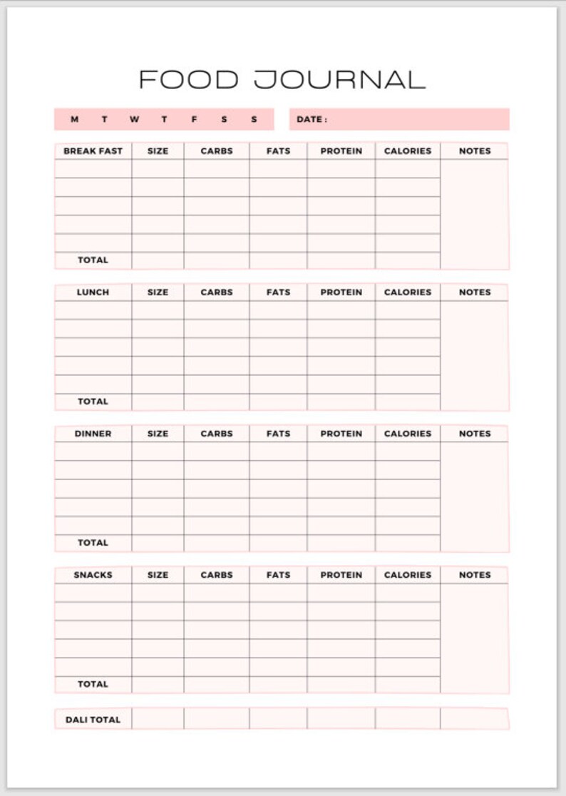 Printable Minimalist Food Journal Sheet, Printable Food Journal A4 ...