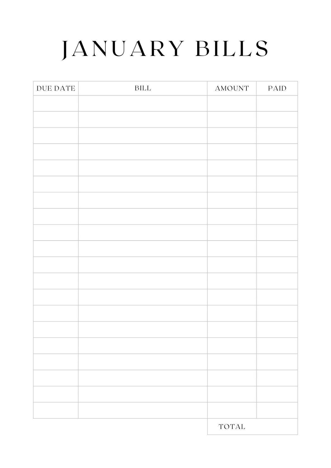 Printable Minimalist - 12 Month - January to December Bills Planner ...