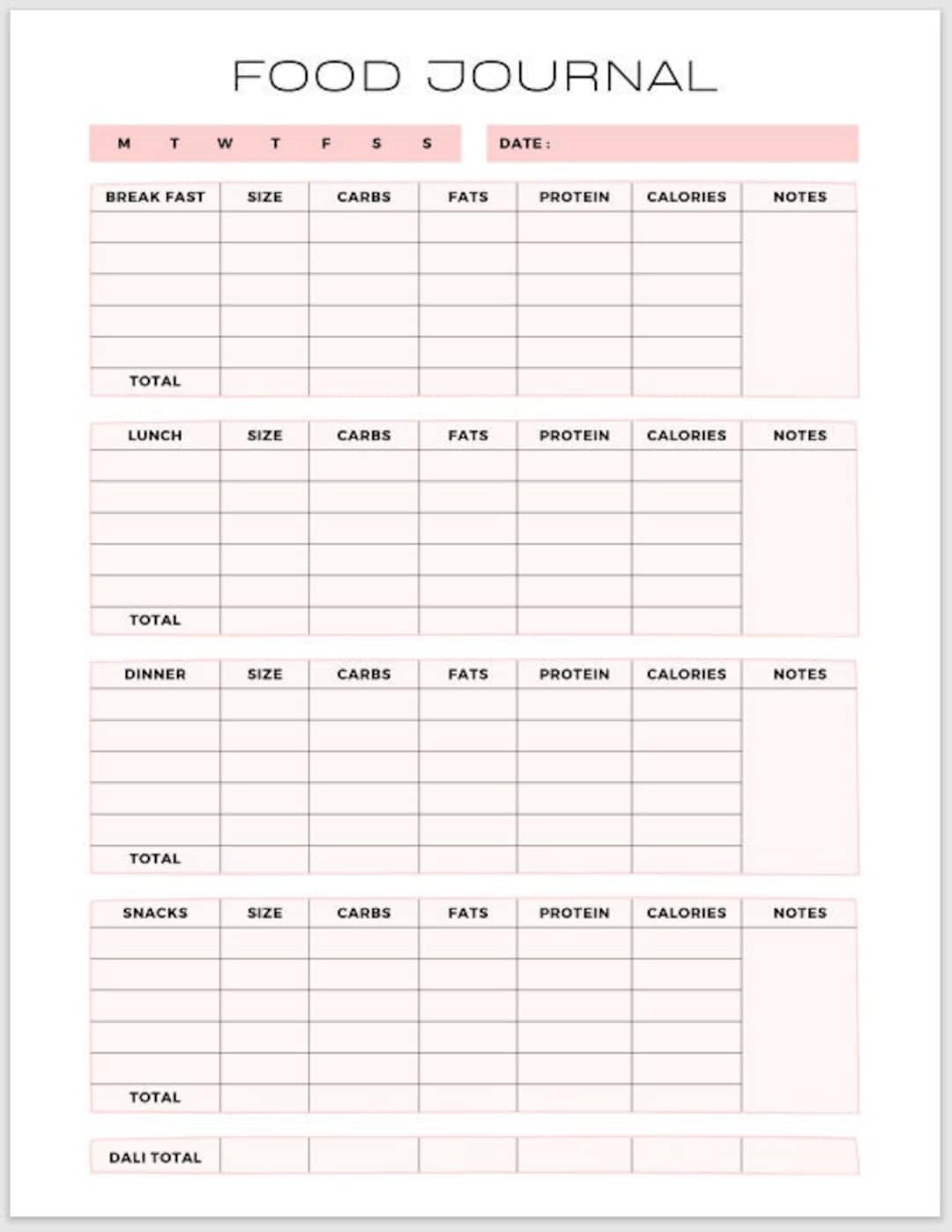 Printable Minimalist Food Journal Sheet, Printable Food Journal A4 ...