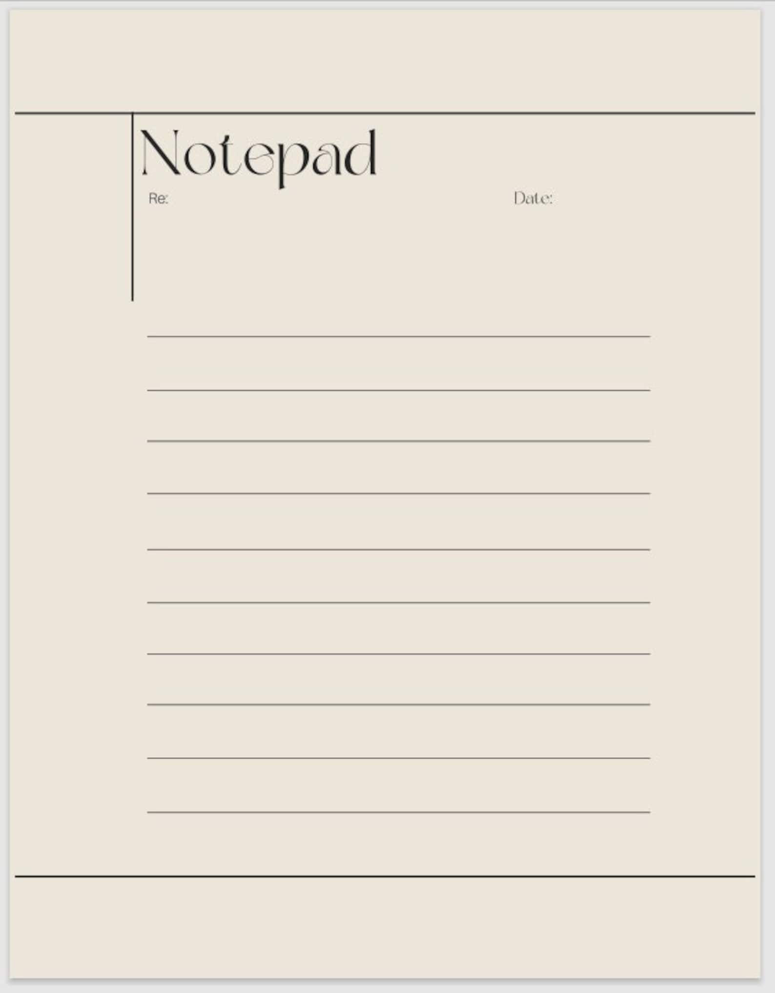 Printable Minimalist Beige Notepad Sheet, Lined Notepad Paper, Notepad ...