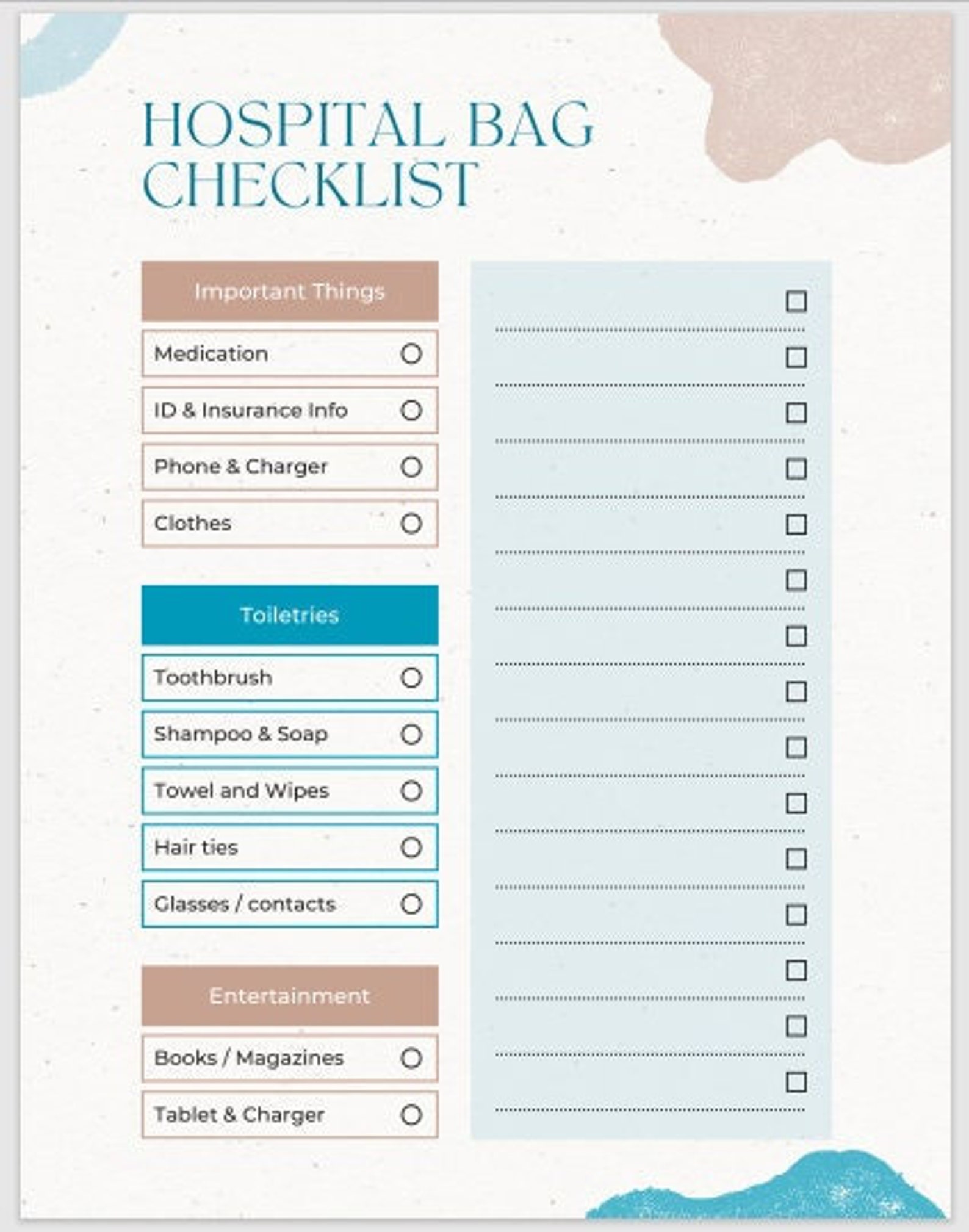 Printable Hospital Bag Checklist, Caregiver Instructions, House Sitter ...