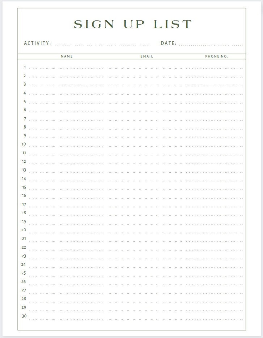 Printable Minimalist Lined Sign up Sheet, Journal Insert, Sign up Sheet ...