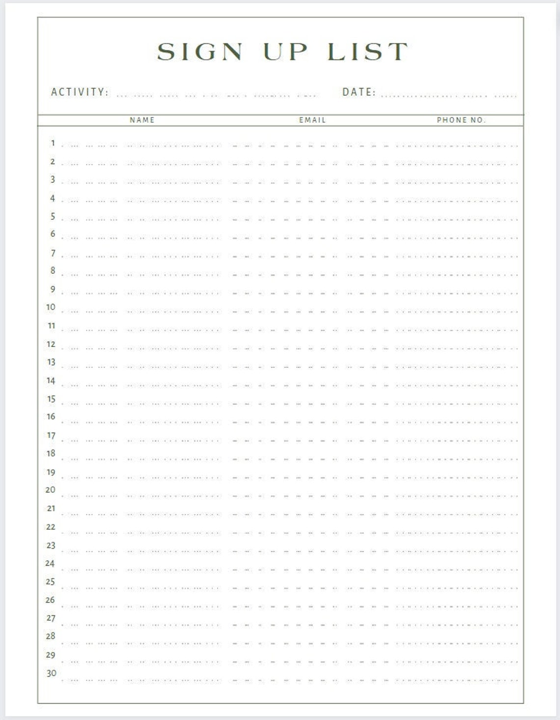 Printable Minimalist Lined Sign up Sheet, Journal Insert, Sign up Sheet ...