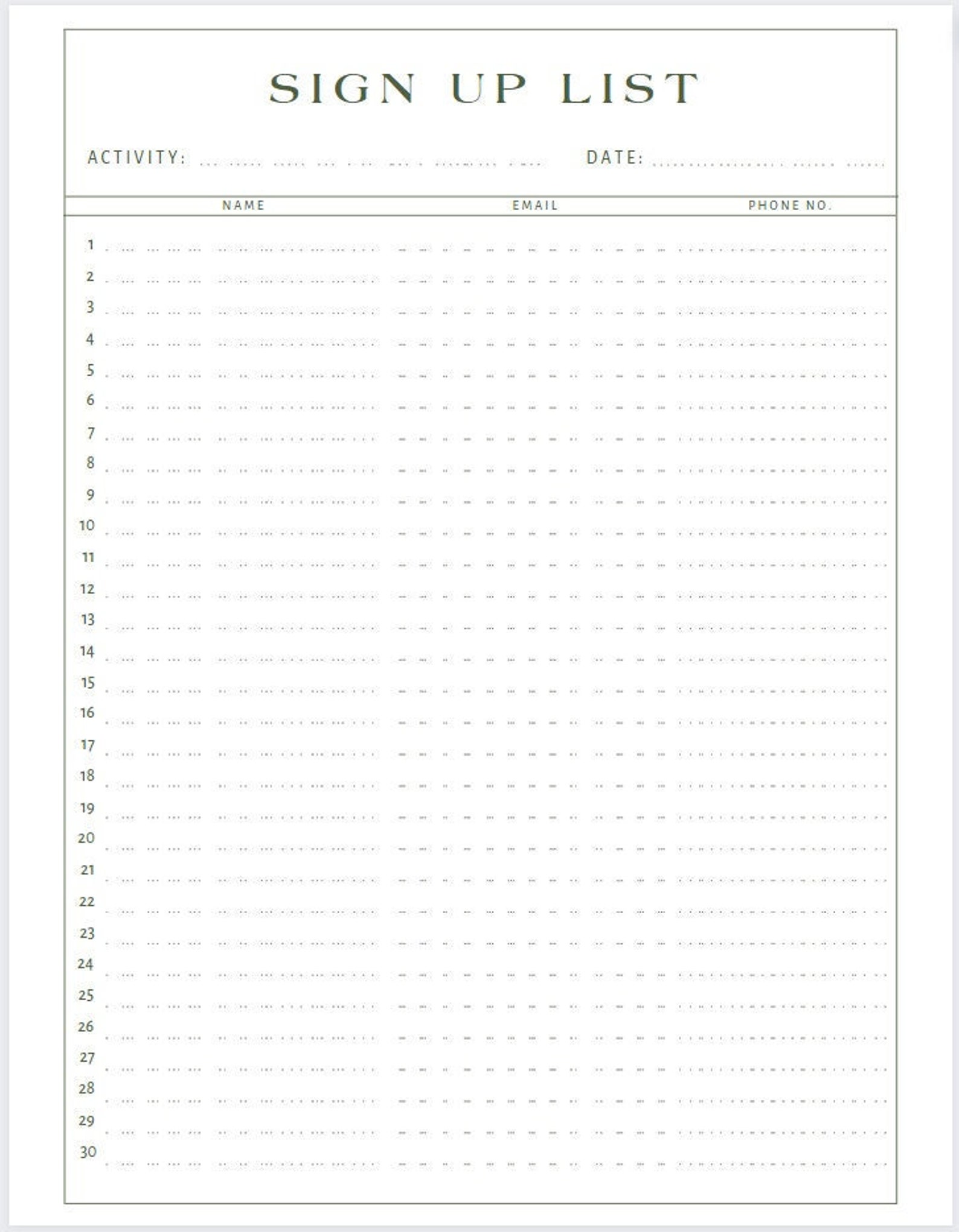Printable Minimalist Lined Sign up Sheet, Journal Insert, Sign up Sheet ...