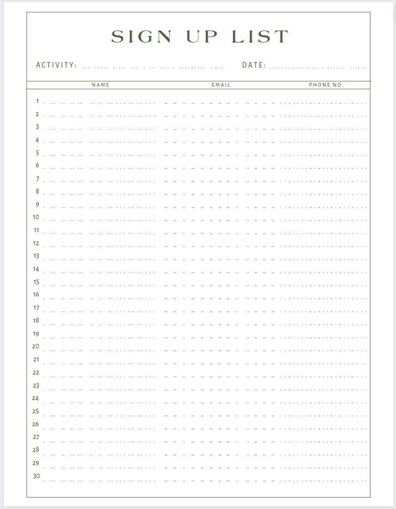 Printable Minimalist Lined Sign up Sheet, Journal Insert, Sign up Sheet ...
