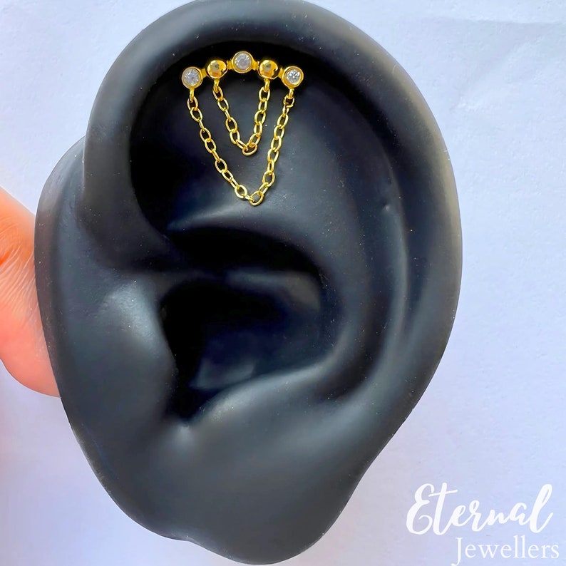 16G Double Chain Drape Cartilage Stud/sterling Silver Dangle CZ Hidden Hilex/tragus/couch ...