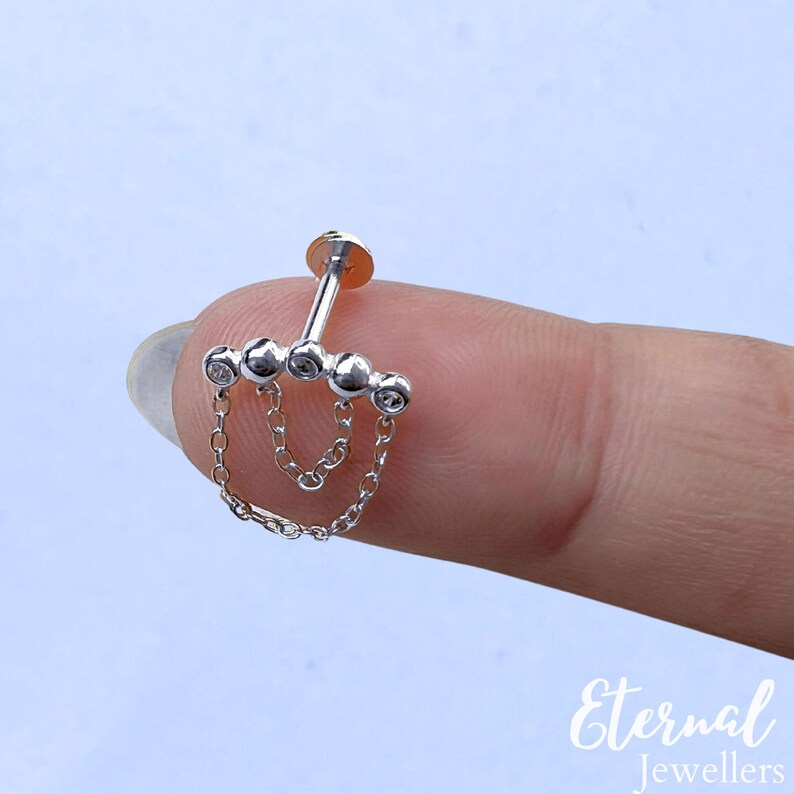 16G Double Chain Drape Cartilage Stud/sterling Silver Dangle CZ Hidden Hilex/tragus/couch ...