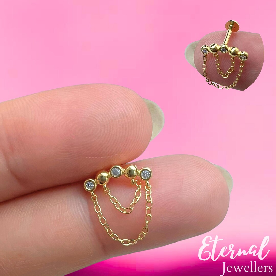 16G Double Chain Drape/dangle CZ Hidden Helix Piercing, Threaded Flat ...