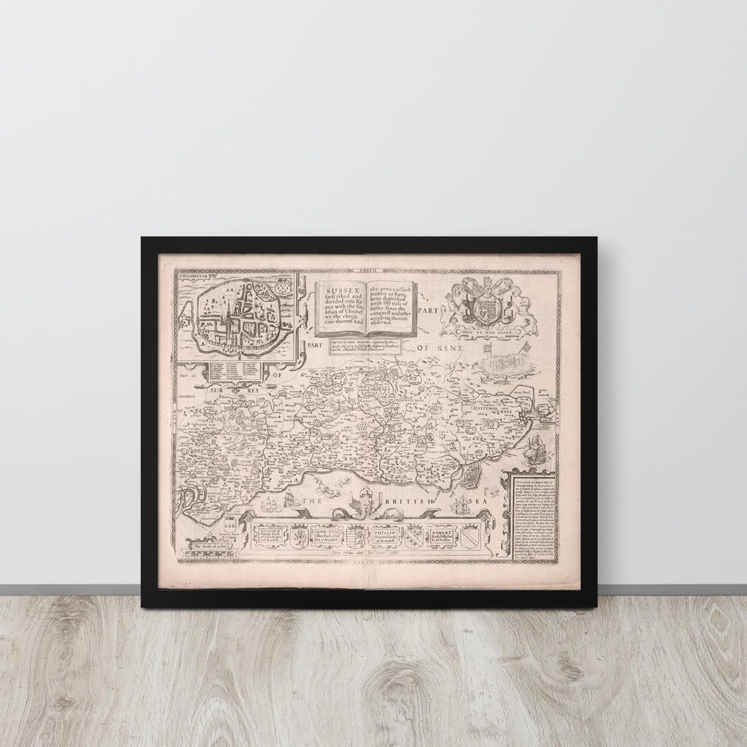 John Speed 1676 Map of Sussex – Historic County With Chichester, Framed ...