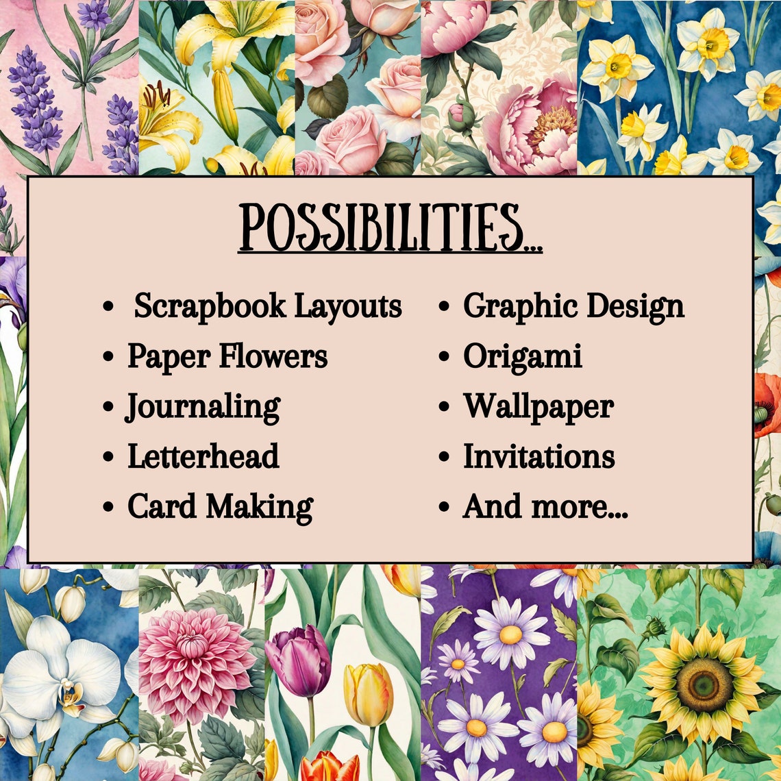 Bright Floral Paper, Flower Scrapbook Paper, Floral Pattern Ephemera ...